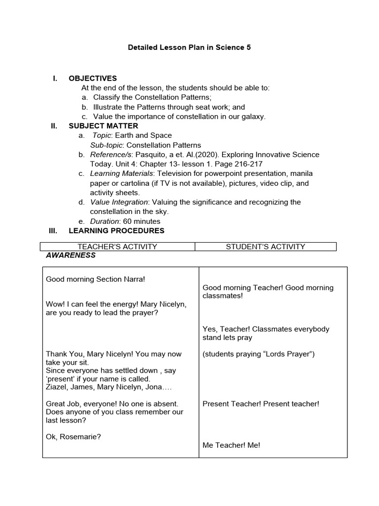 Detailed Lesson Plan in Science 5 | PDF | Constellation | Planets