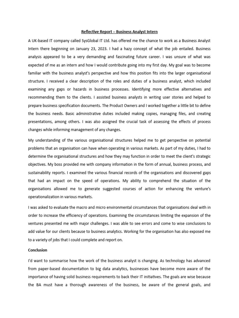 Reflective Report - Business Analyst Intern | PDF | Analytics | Business