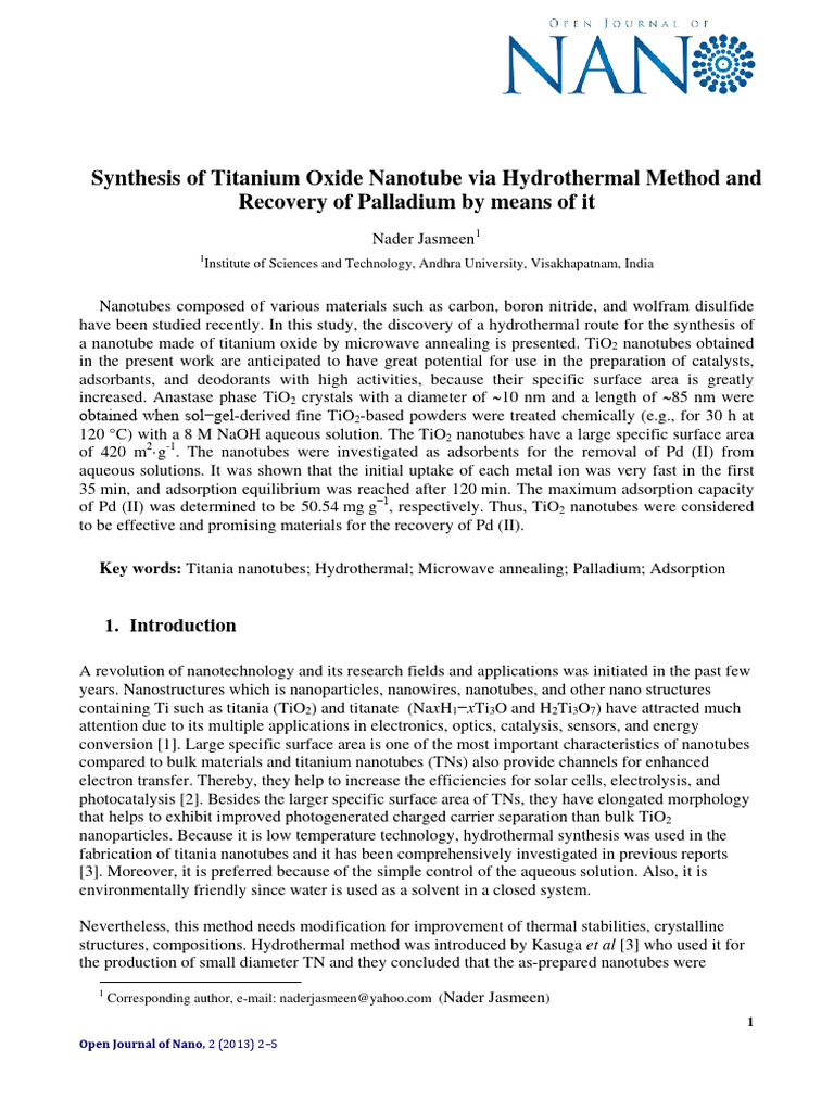 Synthesis of Titanium Oxide Nanotube Via Hydrothermal Method and Recovery of Palladium by Means ...