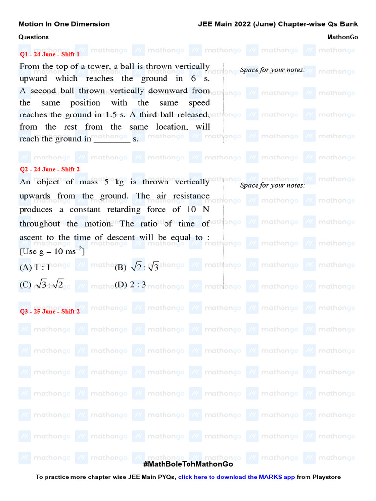 Motion in One Dimension - JEE Main 2022 Chapter Wise Questions by ...