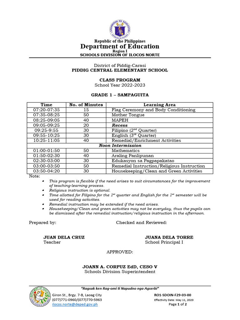 Gr 1 Class Program | PDF