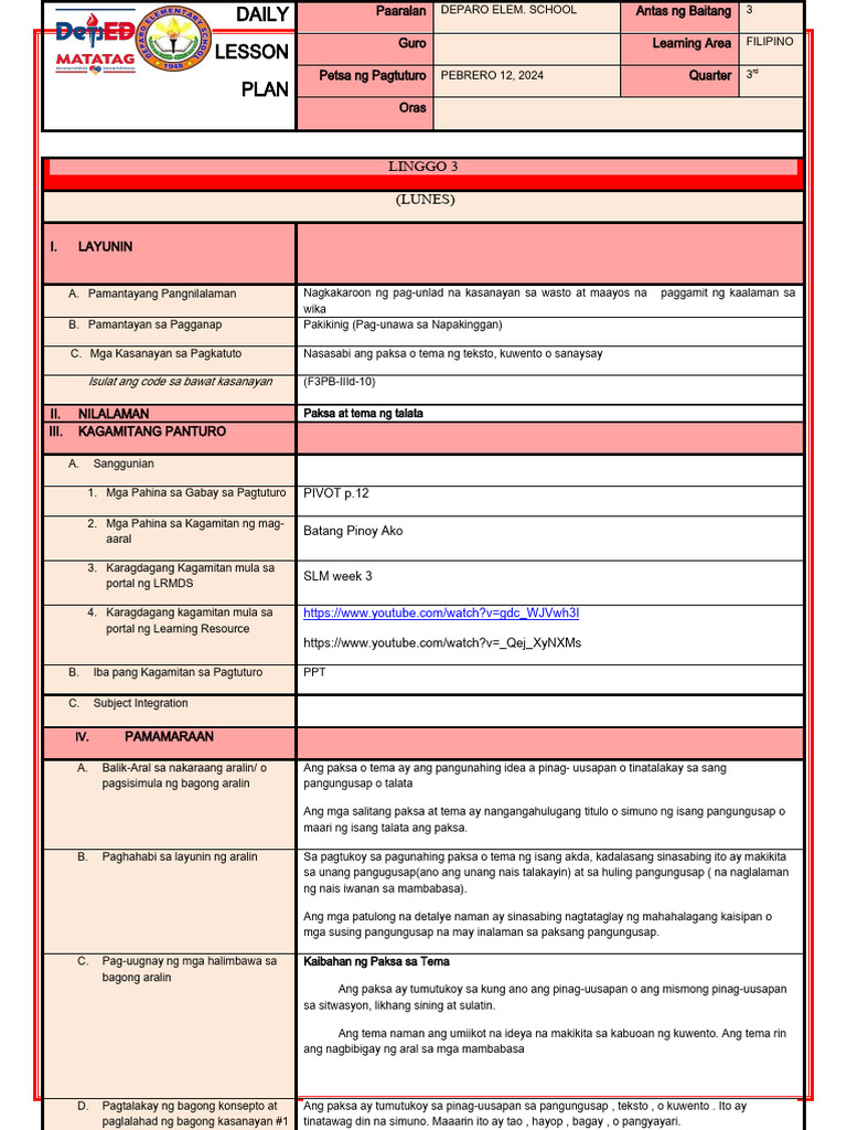 FILIPINO 3 - Q3-W2-Paksa at Tema NG Talata | PDF