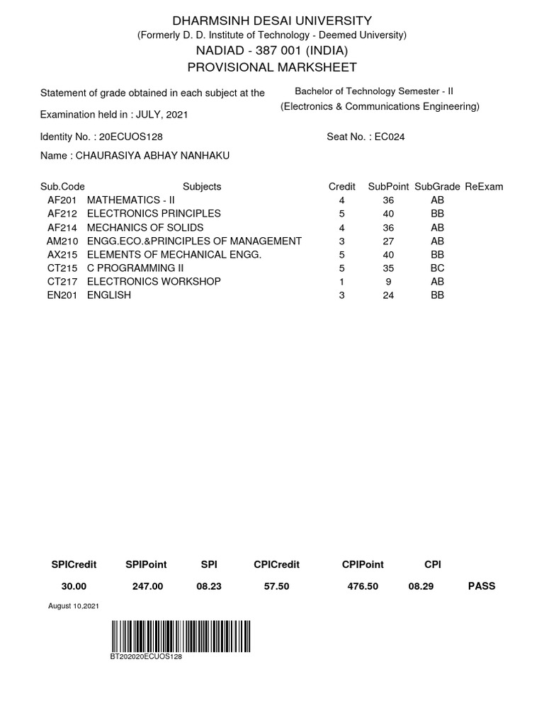 Provisional Mark Sheet | PDF