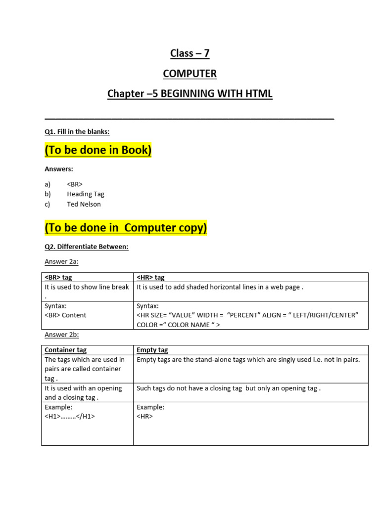Class 7 Class Note 14 CH 5 Computer 2021 22 | Download Free PDF | Html | Html Element