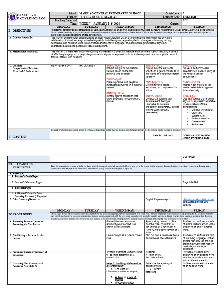 DLL ENG8 2NDQ 7th Week Edited | PDF | Learning | Word