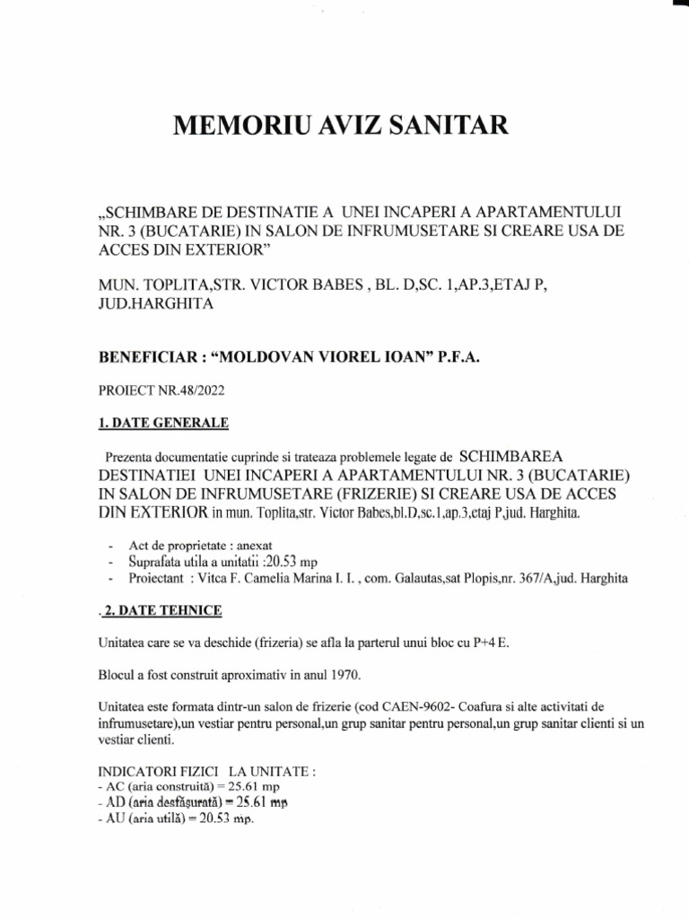 Memoriu Aviz Sanitar Frizerie | PDF
