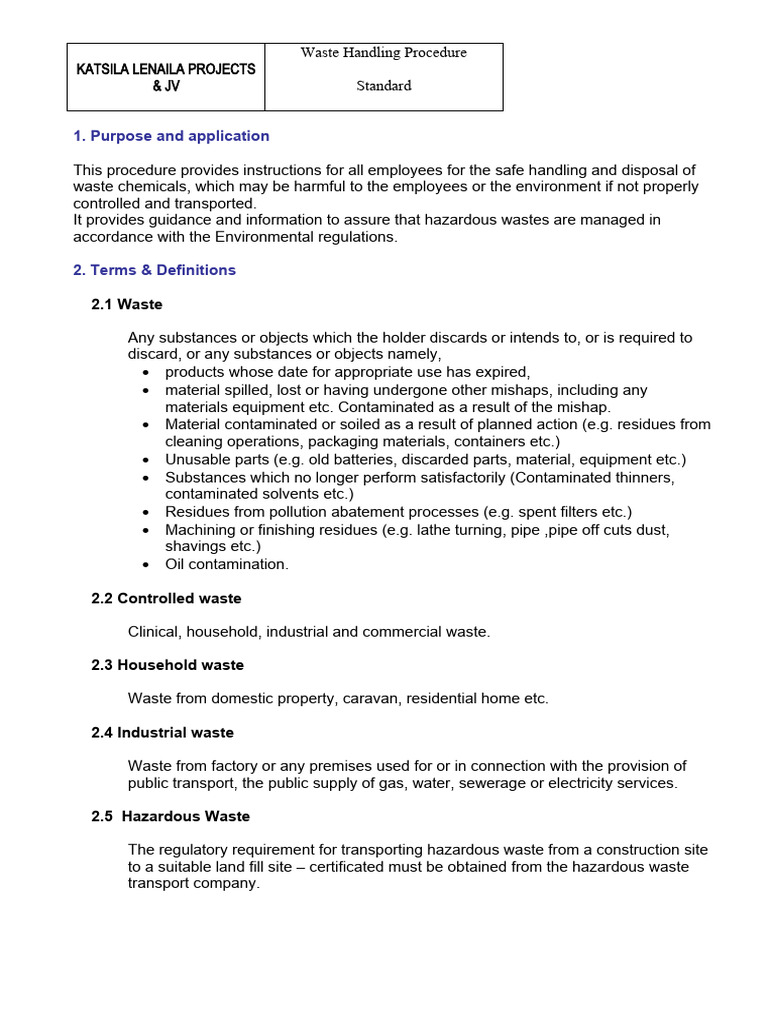 Waste Handling Procedures Standard | PDF