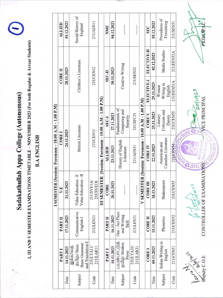 (Ug) November 2023 Semester Examination Timetable | PDF