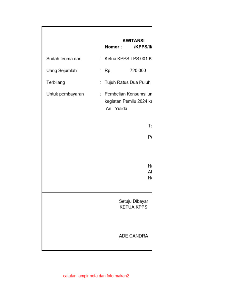 Kwitansi Konsumsi Kpps Kel. Tewah | PDF