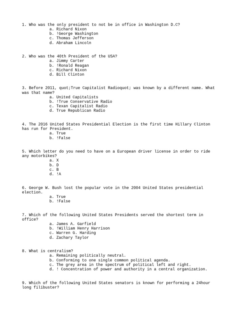 US Presidents and Historical Trivia Quiz | PDF | Presidents Of The ...