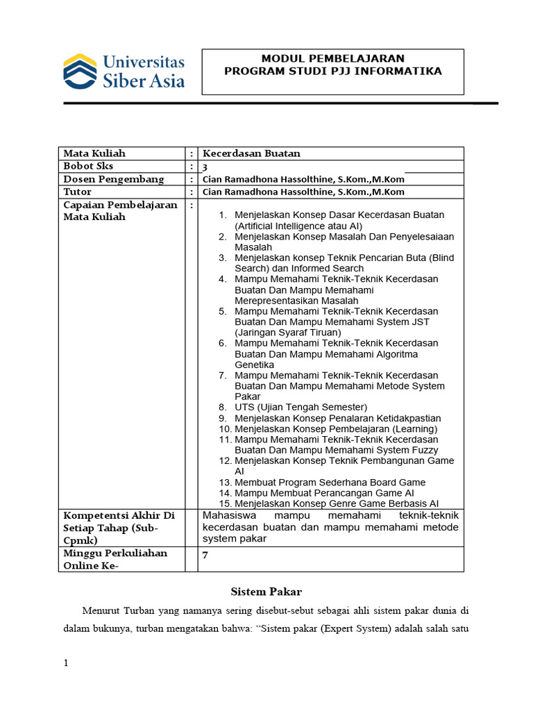 Modul AI - Sesi 7 System Pakar | PDF
