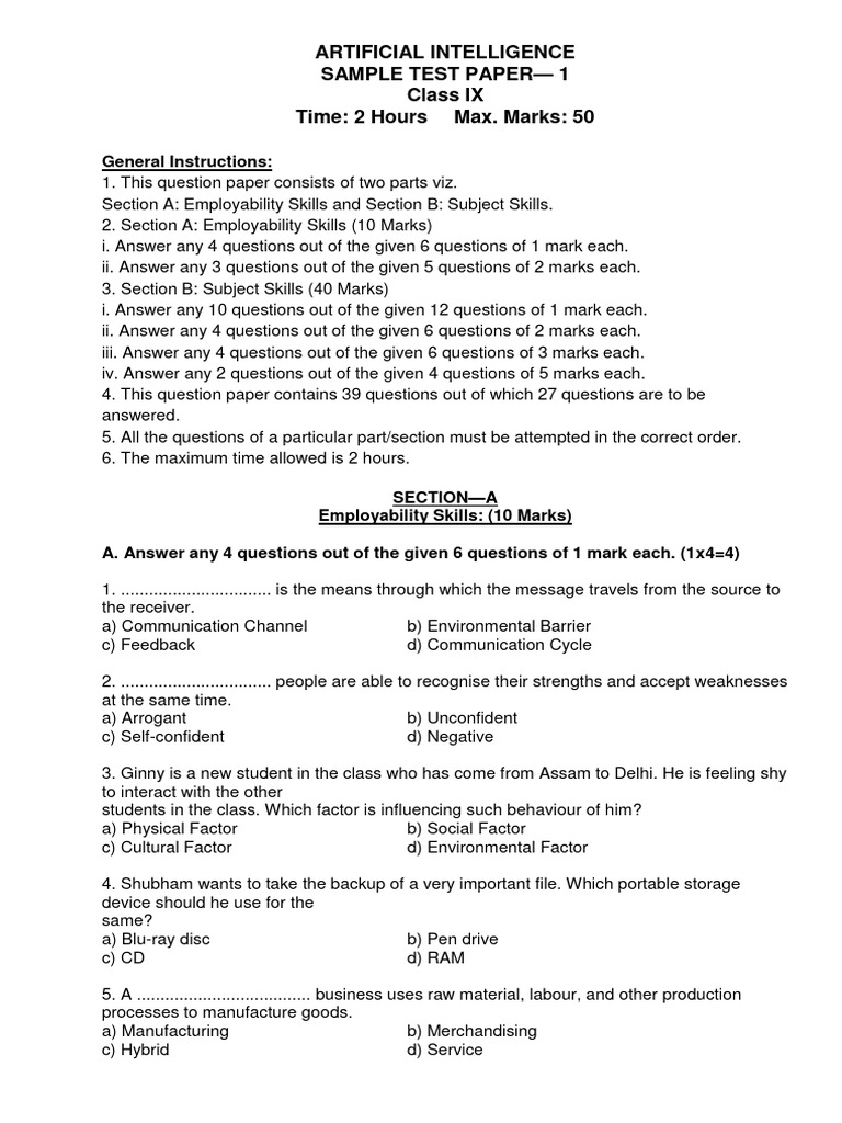 IX - ARTIFICIAL INTELLIGENCE - Sample Paper | Download Free PDF | Artificial Intelligence ...