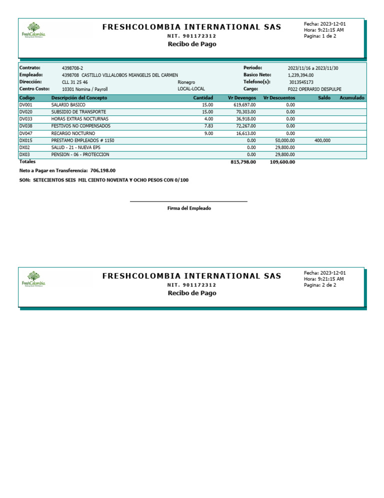 Freshcolombia International Sas: Recibo de Pago | PDF | Compensación laboral