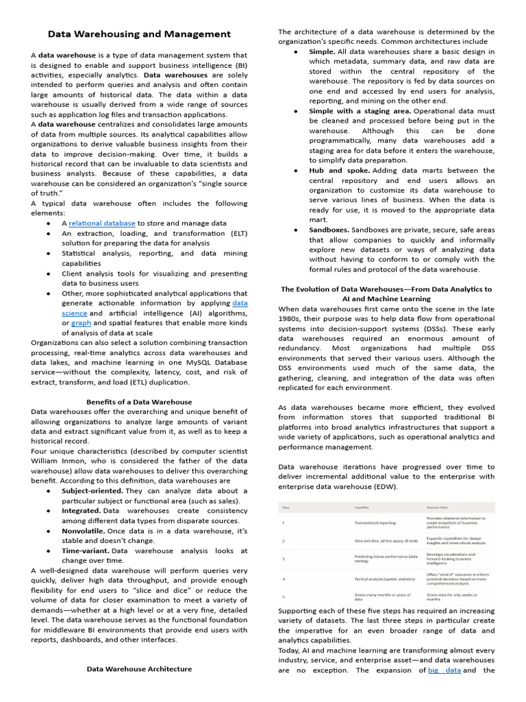 Data Warehousing and Management | PDF | Data Warehouse | Cloud Computing