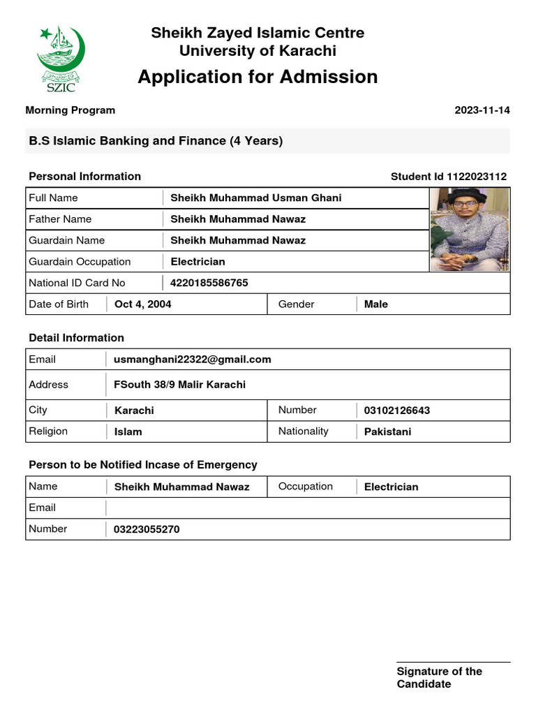 Application For Admission: Sheikh Zayed Islamic Centre University of Karachi | PDF ...