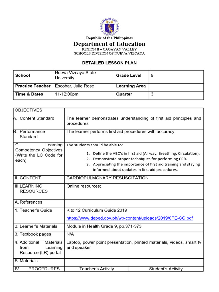 CPR Training Lesson Plan for Grade 9 | PDF | Cardiopulmonary ...