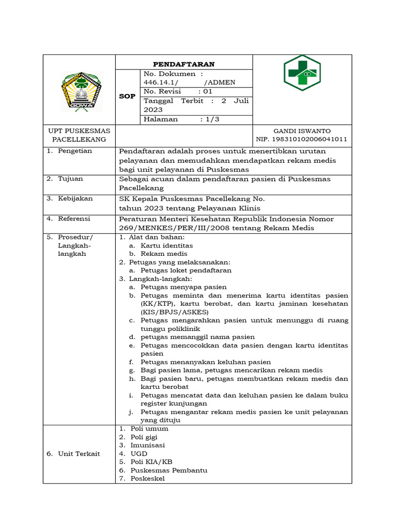 SOP Pendaftaran Pasien Puskesmas | PDF