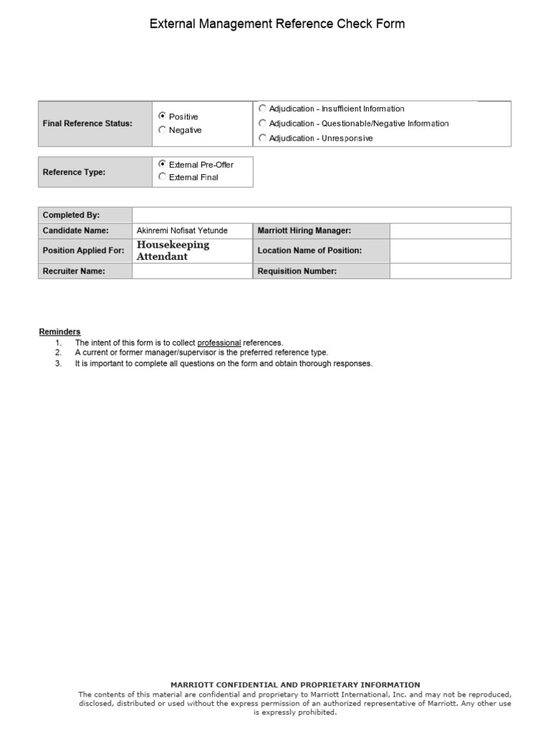 Marriott Reference Check Form | PDF | Leadership | Communication