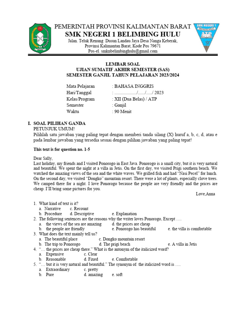 Soal Bahasa Inggris Kls X SMT 1 | PDF | Rome | Bali