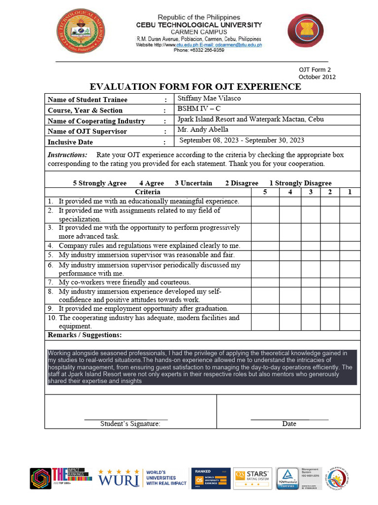 New1 - Accomplished Evaluation Form On OJT Experience | PDF