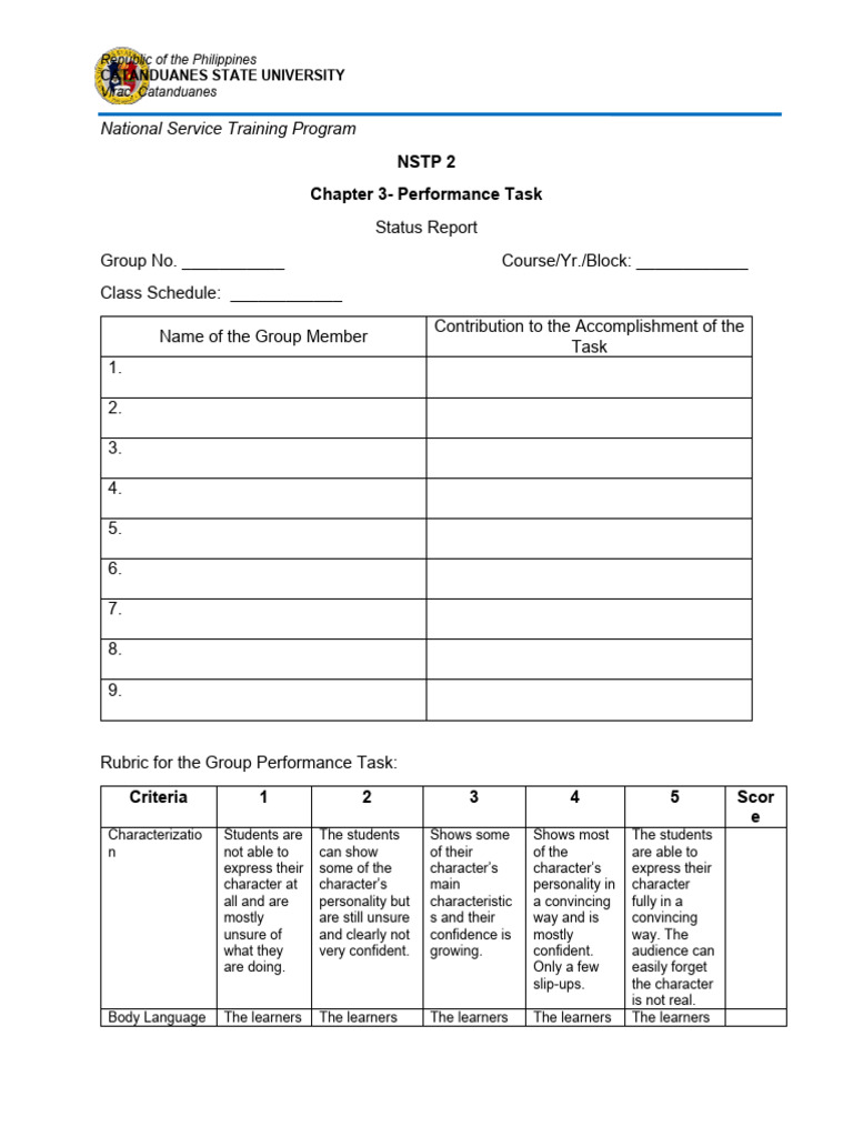 Chapter 3 Performance Task Status Report and Rubric | PDF ...