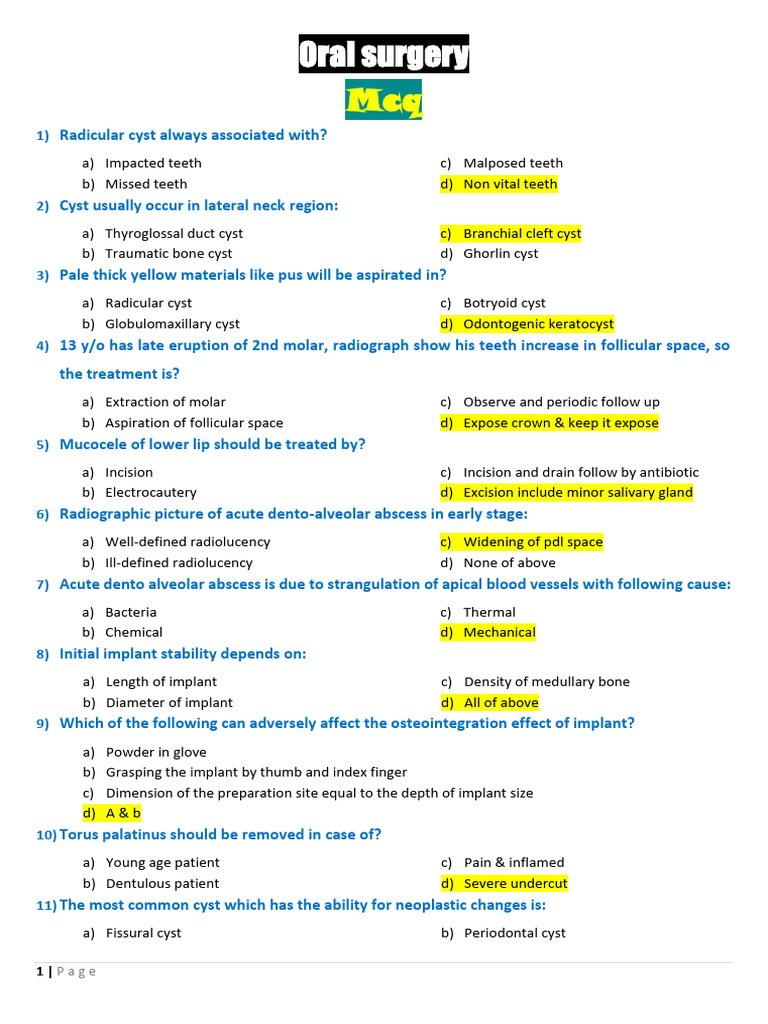 Oral Surgery MCQ | PDF | Dental Implant | Medical Specialties