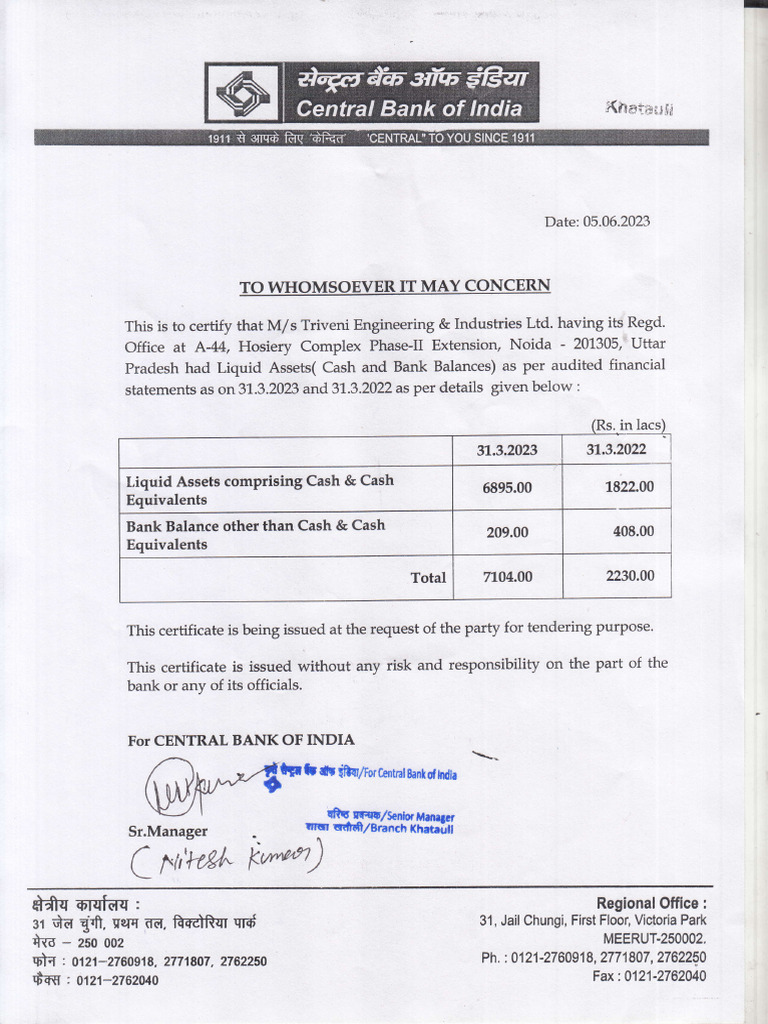Liquid Assets Certificate for Triveni Engineering | PDF | Economies ...
