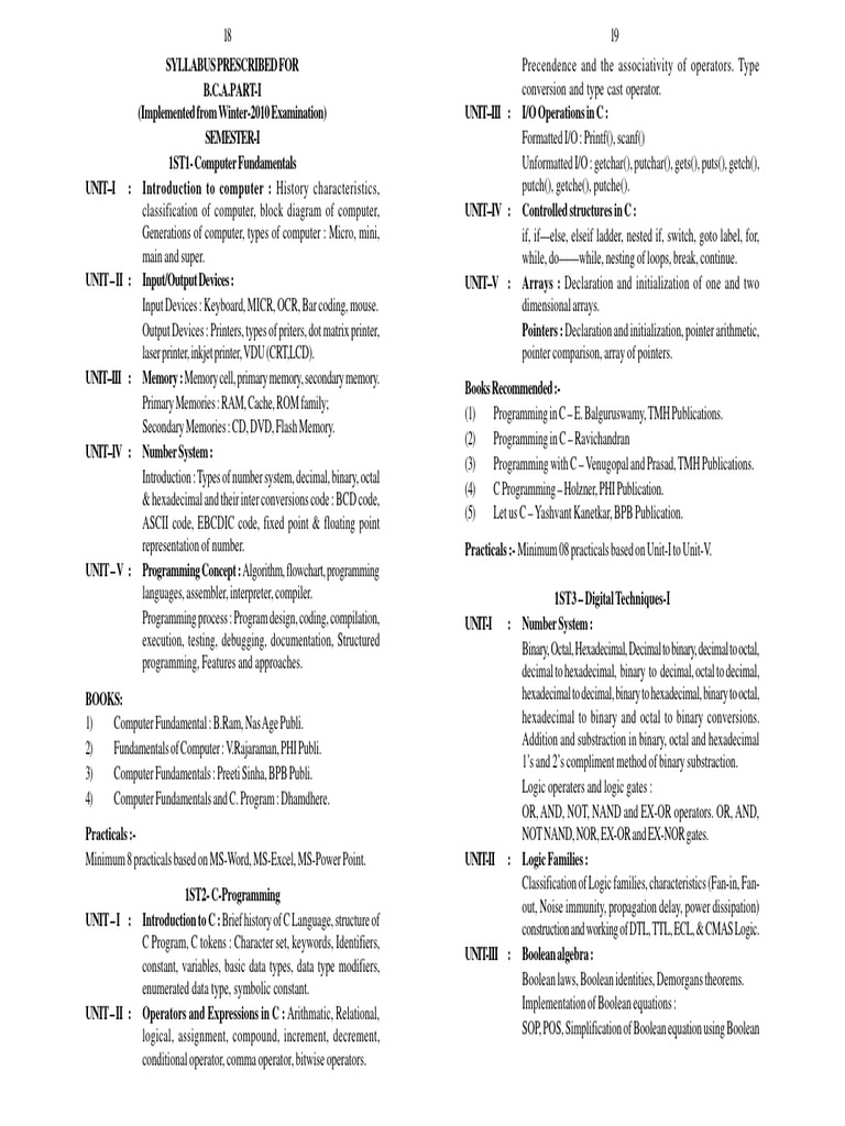 Bca 1ST Sem Syllabus | PDF | Boolean Algebra | Teaching Mathematics Bca 1ST Sem Syllabus | PDF | Boolean Algebra | Teaching Mathematics