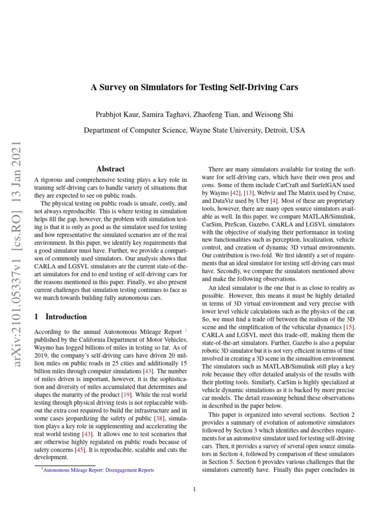 A Survey On Simulators For Testing Self-Driving Cars | PDF | Simulation ...