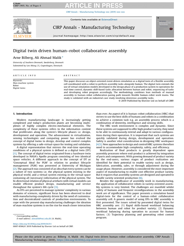DT Human-Robot Collaborative Assembly | PDF | Simulation | Product Lifecycle