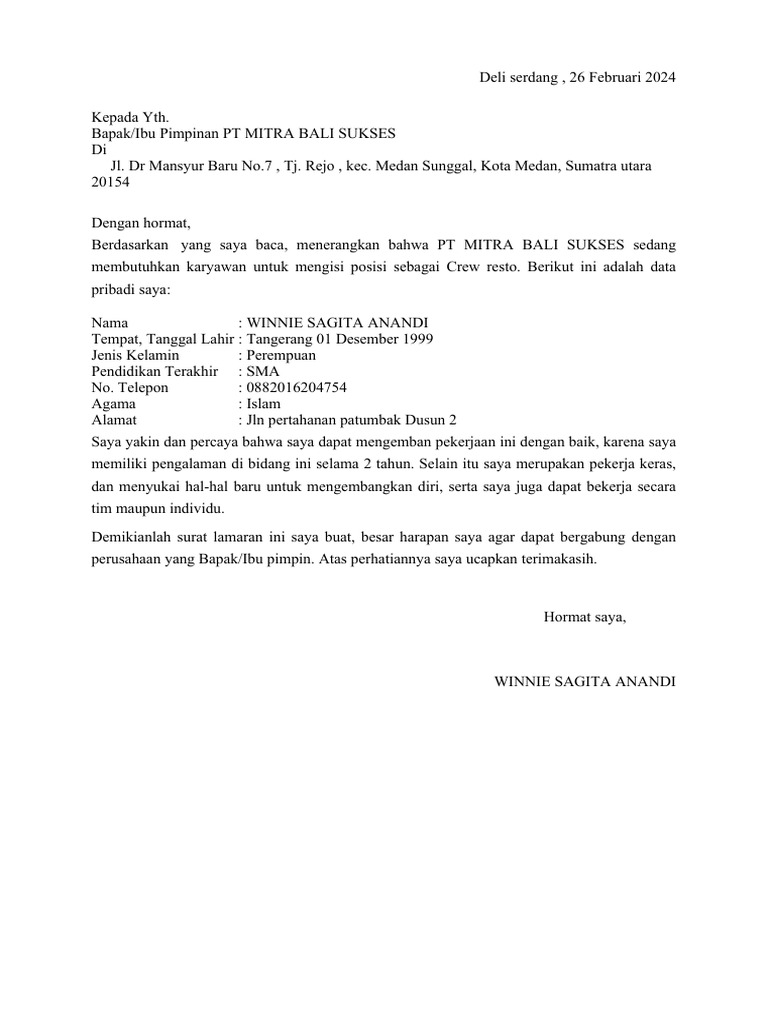 Surat Lamaran Mie Gacoan | PDF