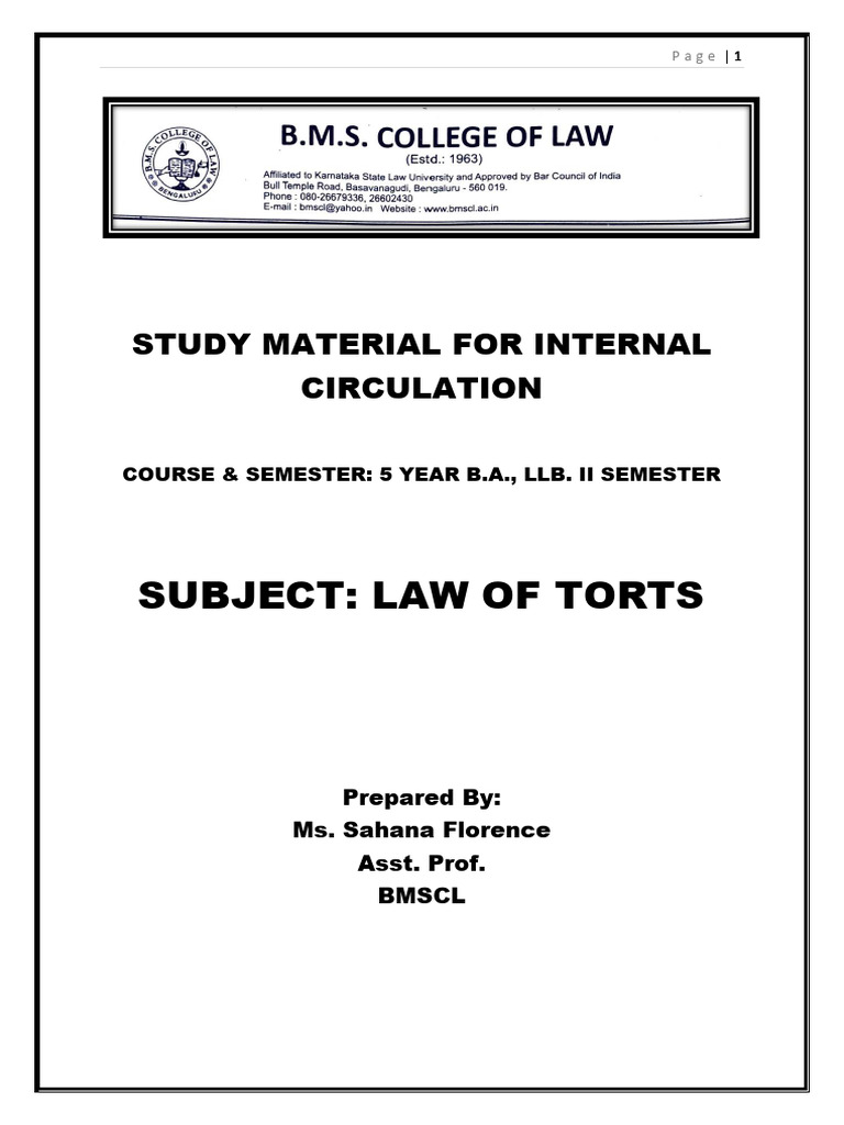 Law of Torts: 1st Semester Notes | PDF | Tort | Damages