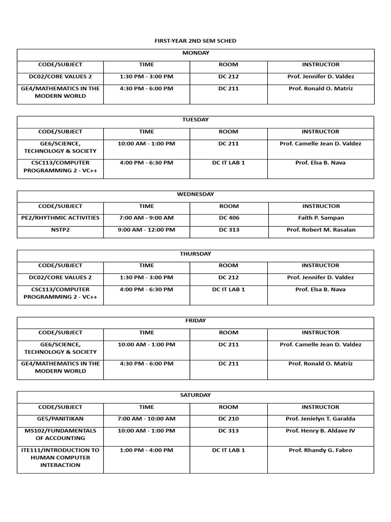 Sched 1st Year 2nd Sem CURRENT | PDF