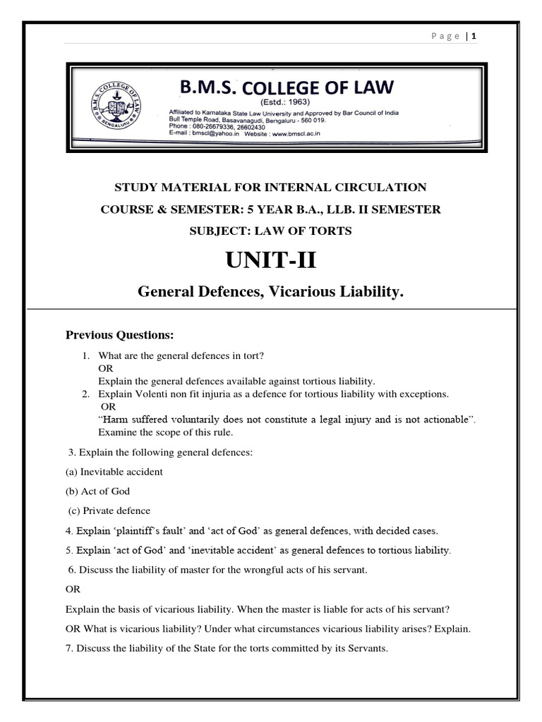 Law of Torts Unit-II Notes | Download Free PDF | Tort | Legal Liability