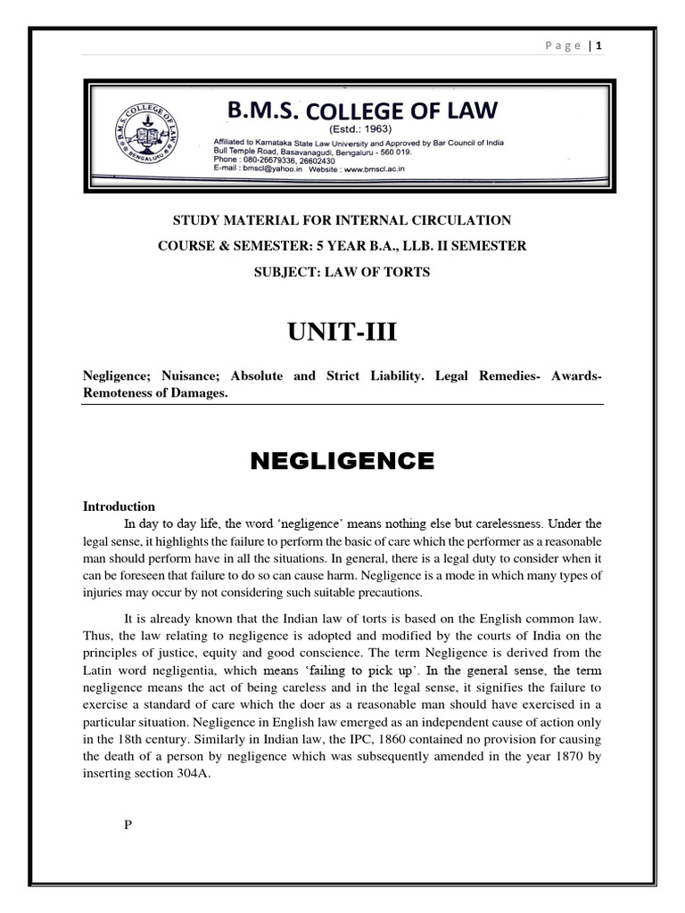 Law of Torts UNIT-III Notes | PDF | Negligence | Jurisprudence