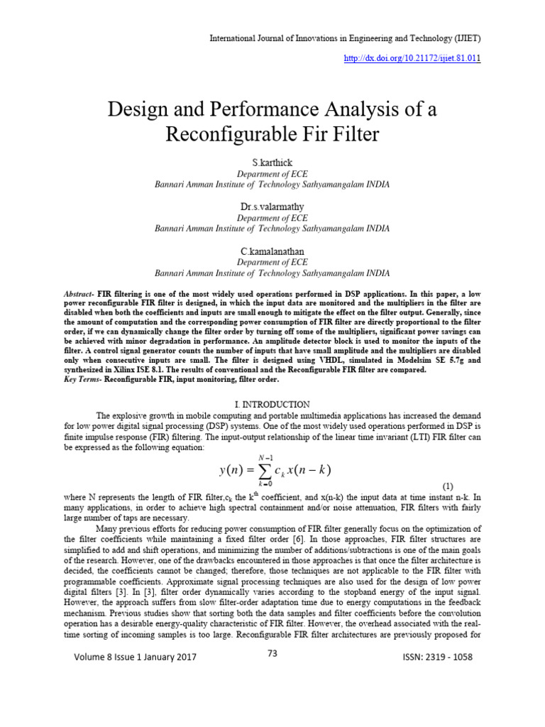 Design and Performance Analysis of A Reconfigurable Fir Filter ...