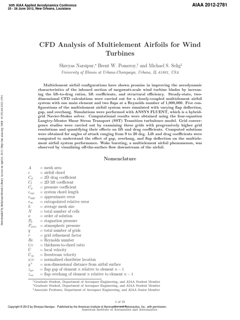 Narsipur Pomeroy Selig Multielement-Airfoil-CFD AIAA Paper 2012-2781 | PDF | Airfoil | Lift (Force)
