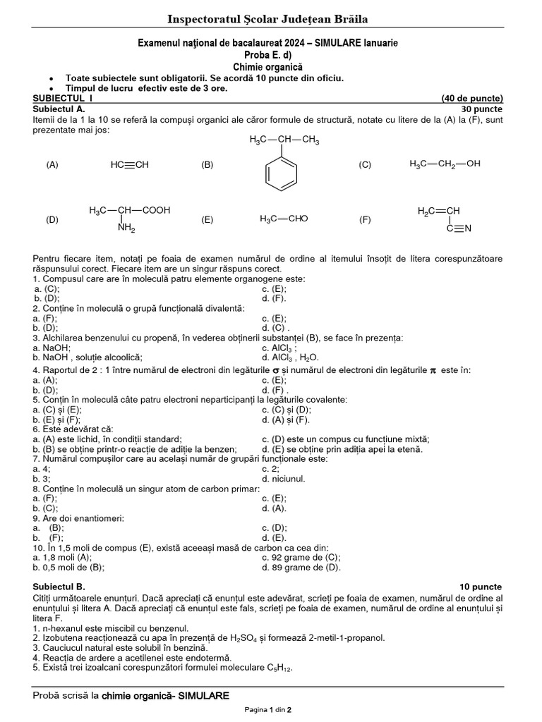 Subiecte Simulare Bac Chimie Organica | PDF