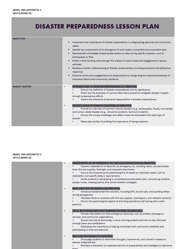 Disaster Preparedness Lesson Plan Sample | PDF | Emergency Management ...