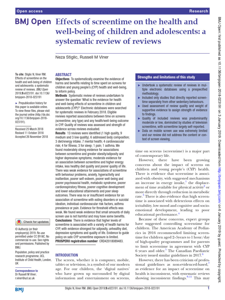 Effects of Screentime On The Health and Well-Being of Children and Adolescents - A Systematic ...