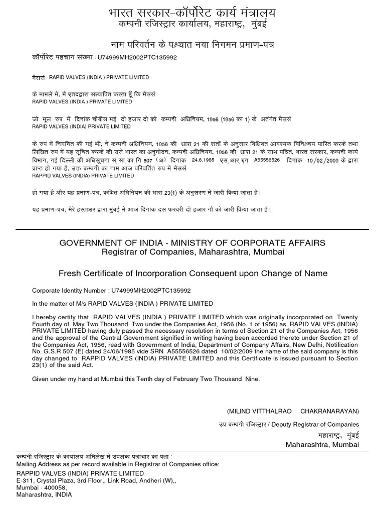 Certificate of Incorporation Consequent Upon Change of Name-100209 ...
