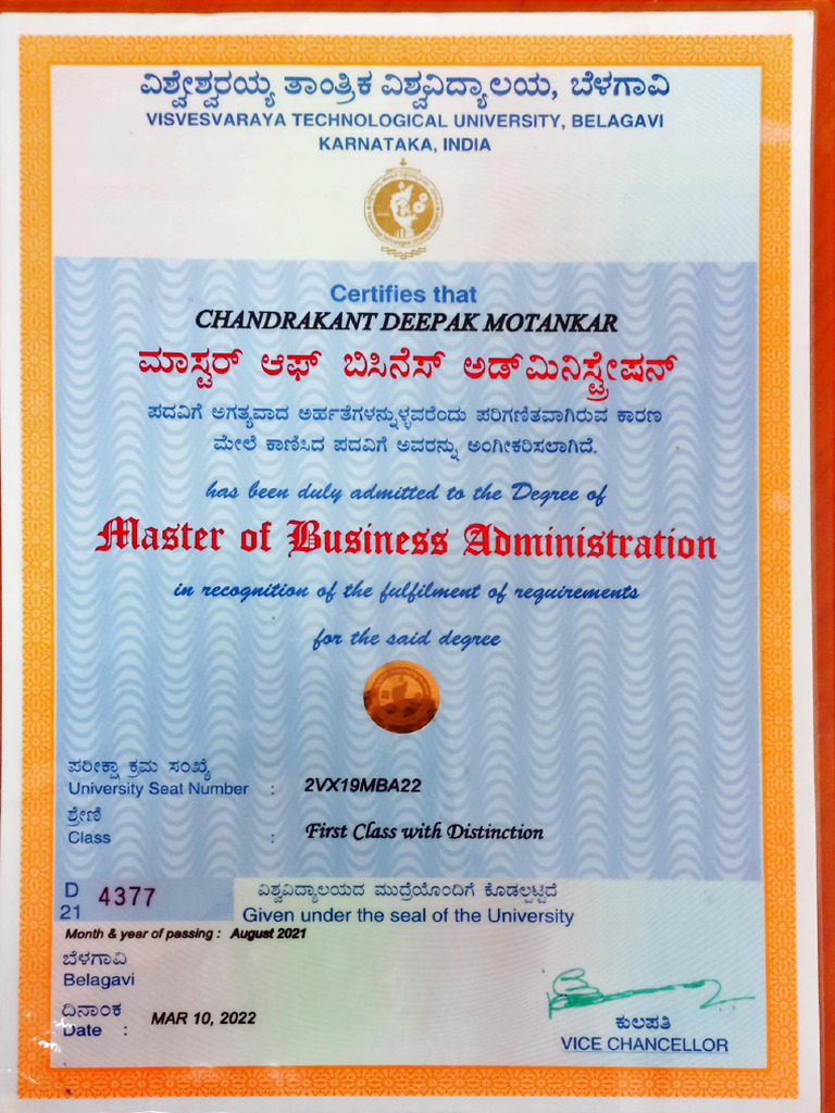 Chandrakant MBA Certificate | PDF