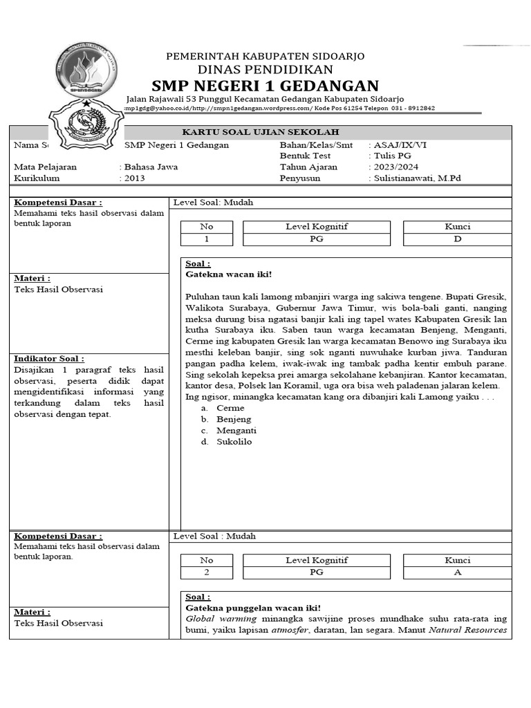 Kartu Soal Usek 2024 | PDF
