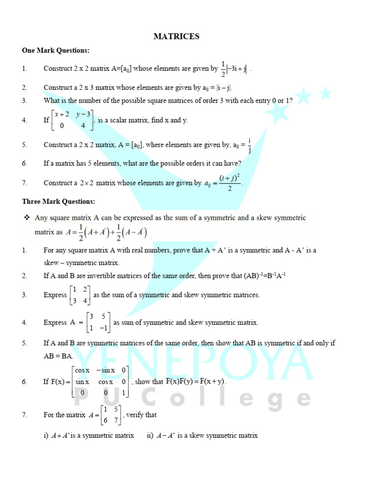 Maths 2nd PUC Previous Year Questions (PYQ's) | PDF | Function (Mathematics) | Matrix (Mathematics)