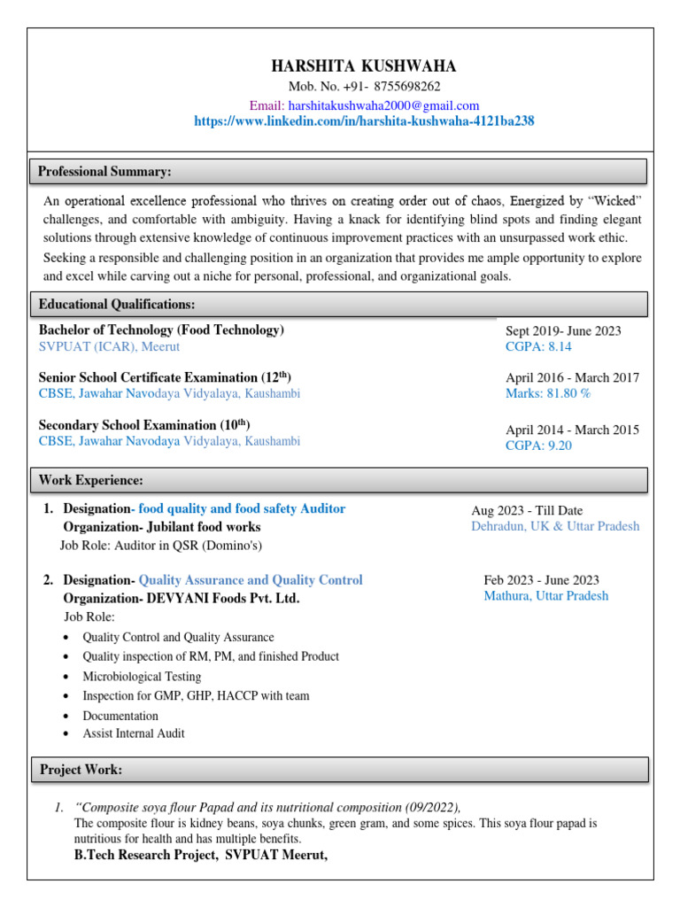 Harshita Resume | PDF | Food And Drink