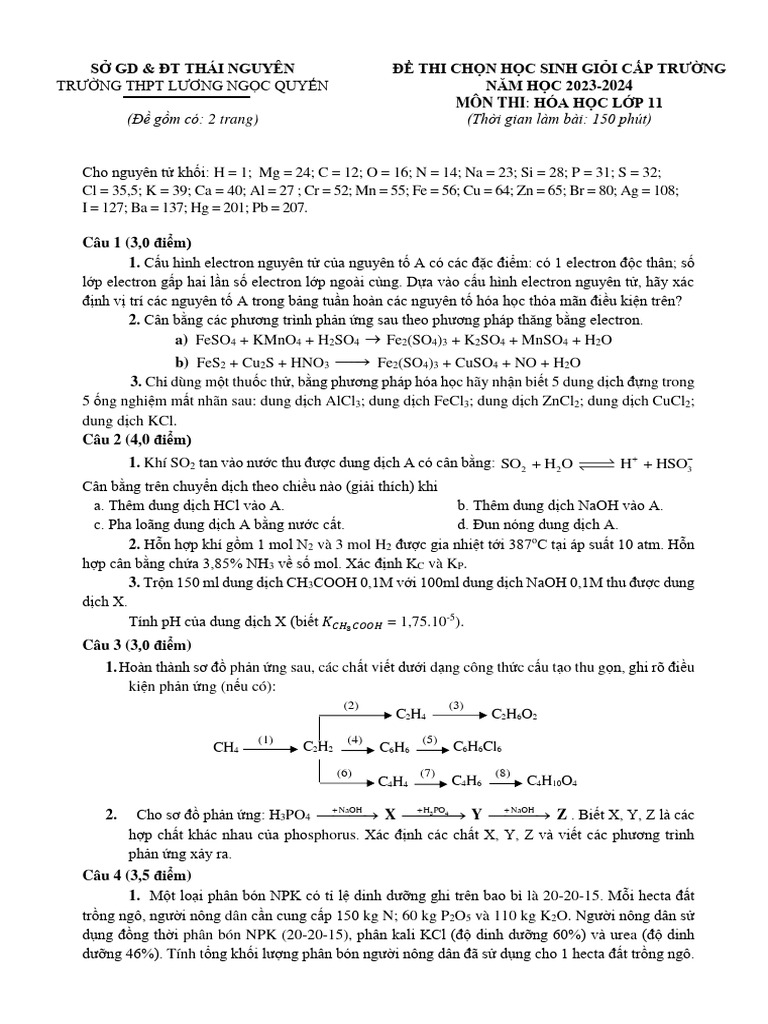 De Thi HSG Hoa Hoc 11 Nam 2023 2024 | PDF