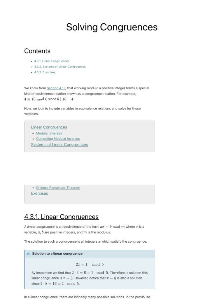 4.3. Solving Congruences - Discrete Structures For Computing | PDF ...