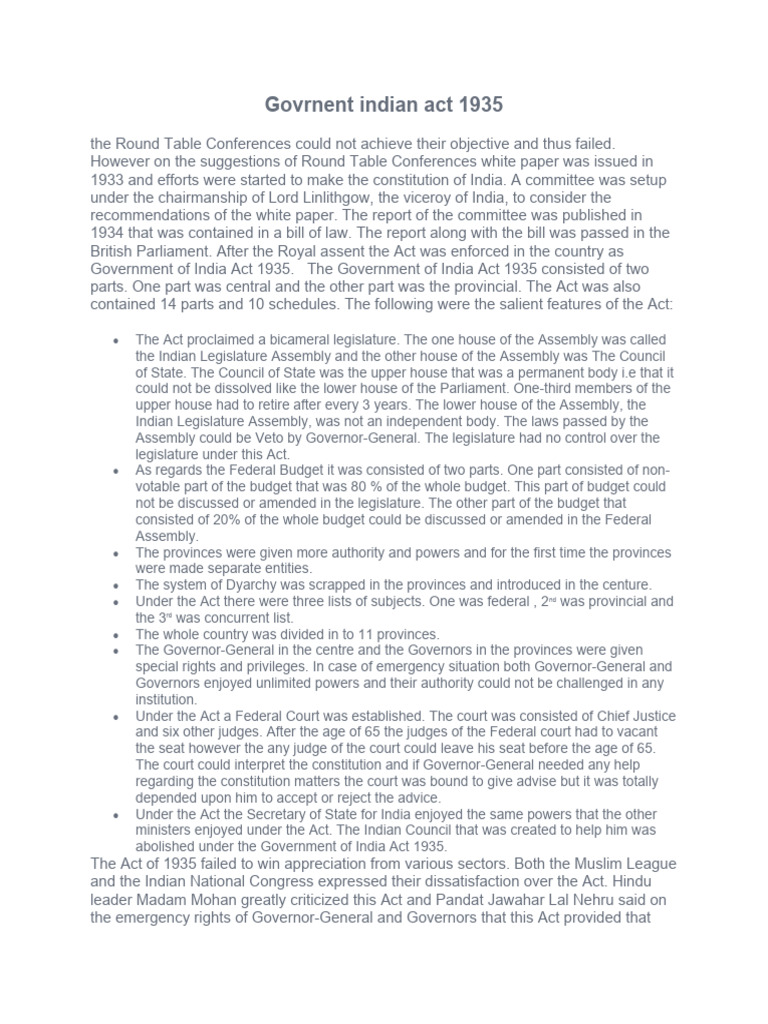 Overview of Government of India Act 1935 | PDF | Muhammad Ali Jinnah ...