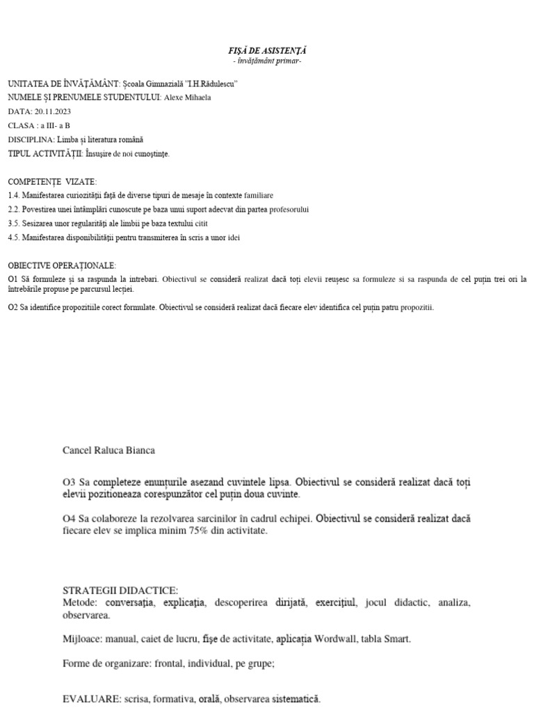 Fisa - de - Asistenta PRACTICĂ NR1. - INV. PRIMAR | PDF