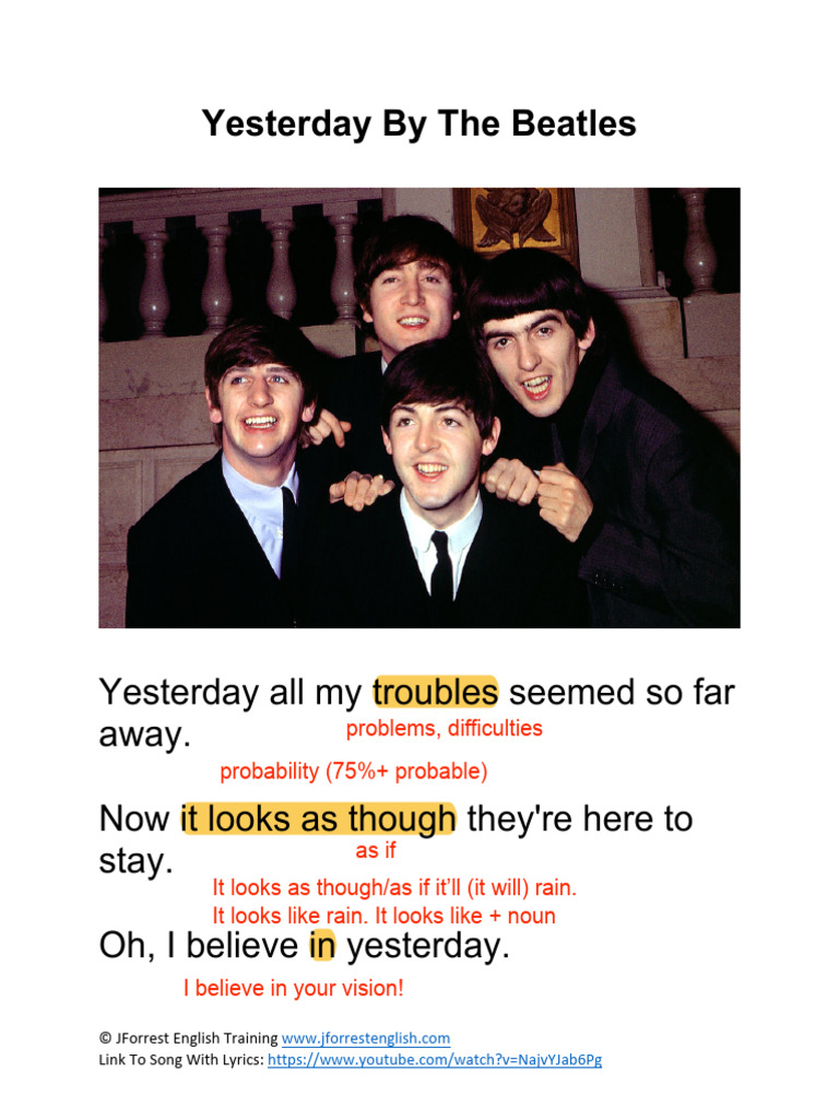 Yesterday By The Beatles Lyric Review By Jforrest English Pdf